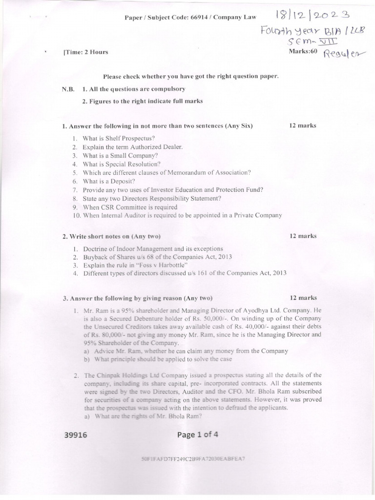 Company Law Fourth Year BA LLB Sem VII | PDF