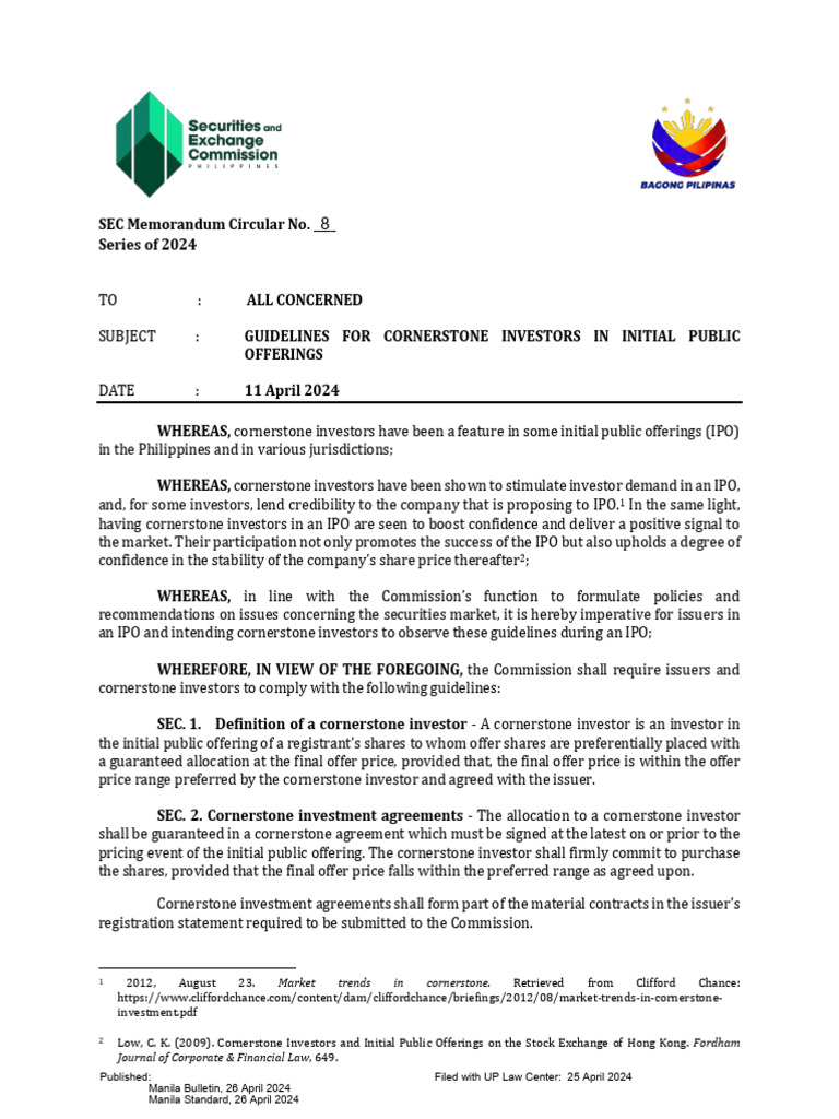 2024MC - SEC MC No. 8 S. of 2024 Guidelines For Cornerstone Investors ...