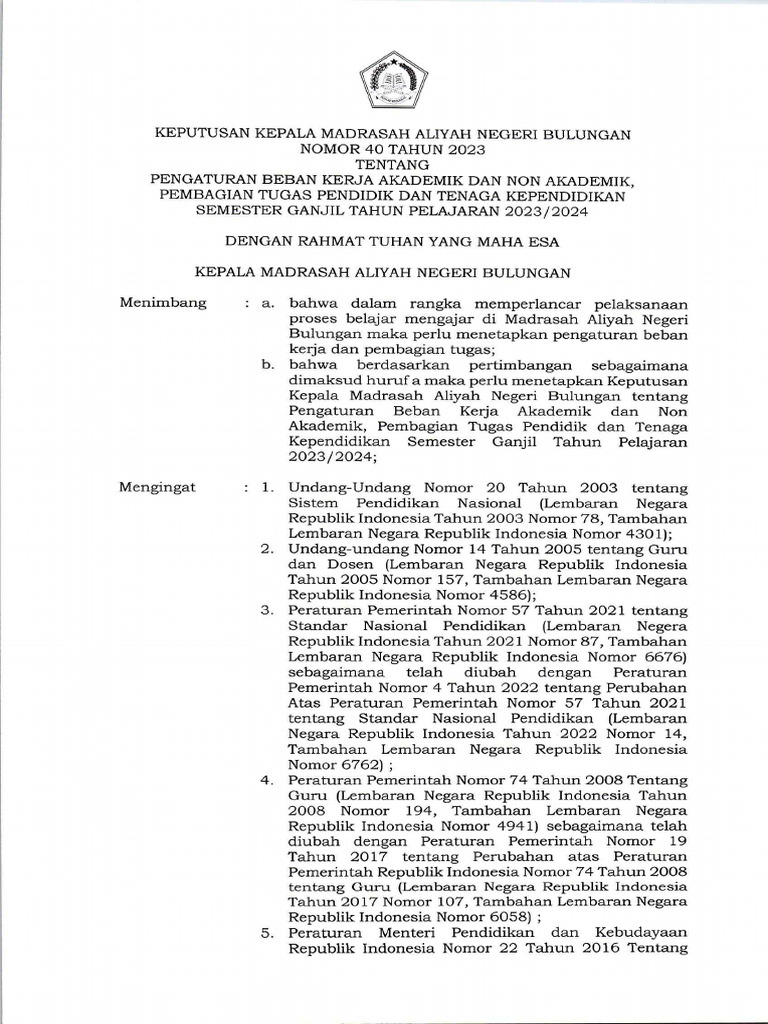 2023 - 40 - SK. Pengaturan Beban Kerja Akademik Dan Non Akademik, Pembagian Tugas Pendidik Dan ...