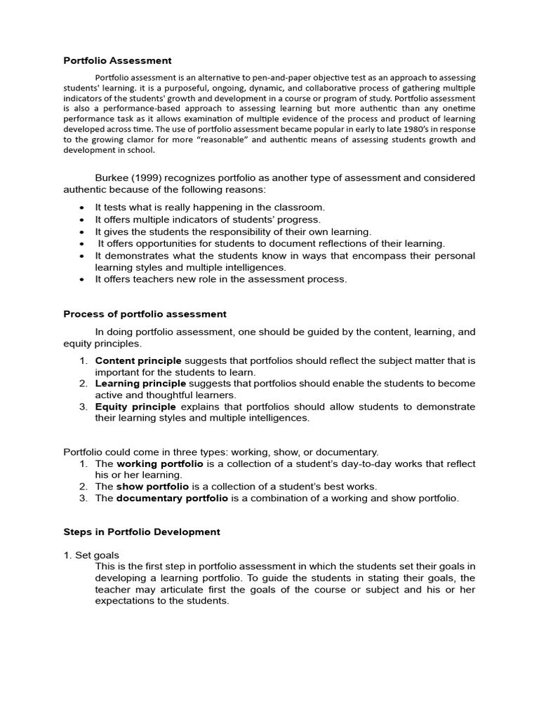 Portfolio Assessment Outline Group 13 PDF Educational Assessment