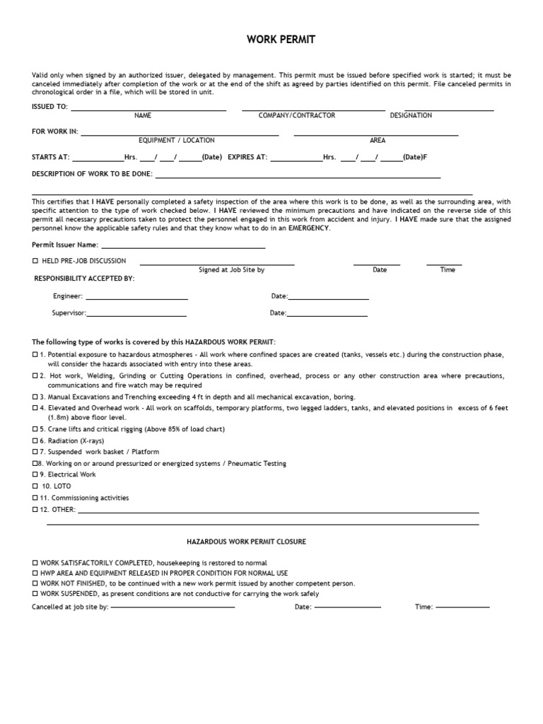 Work Permit | PDF | Safety | Occupational Safety And Health