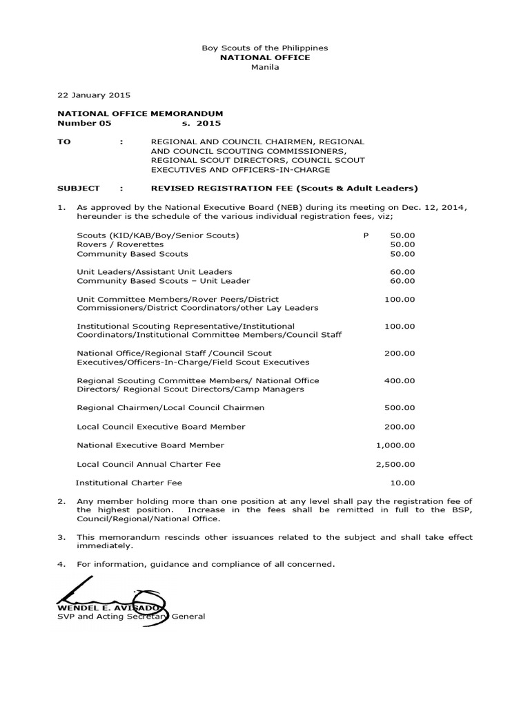 NO Memo No. 05 S. 2015 Revised Registration Fee Scouts | PDF | Scouting ...