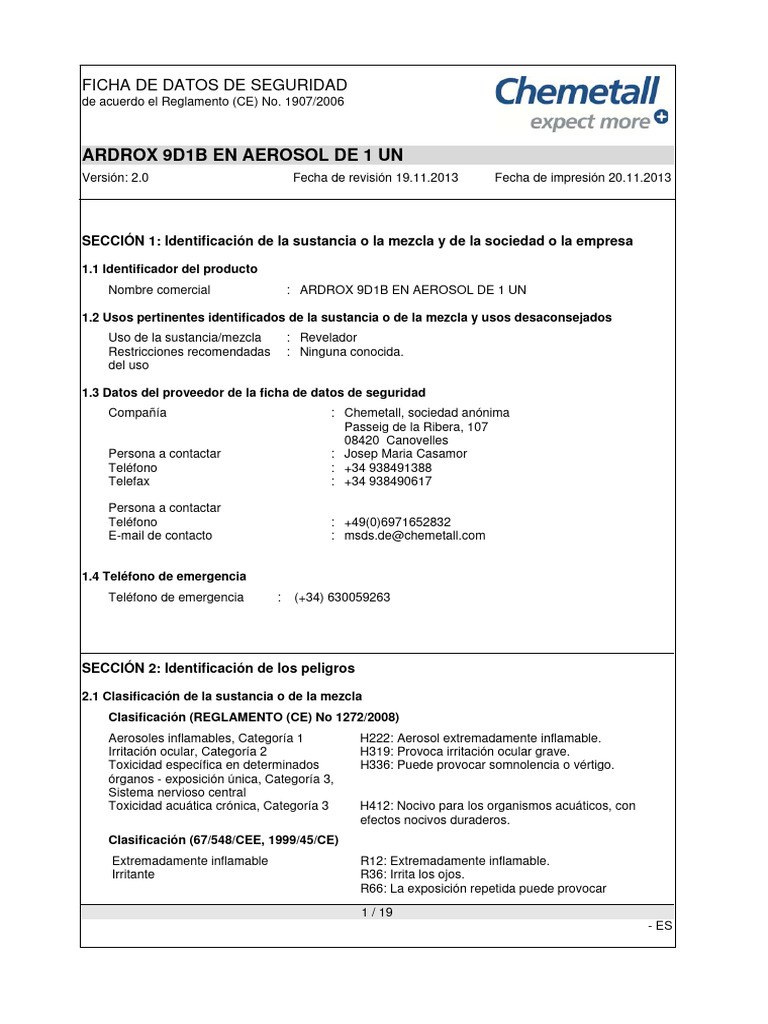 FDS Ardrox 3961 | PDF | Residuos | Aerosol