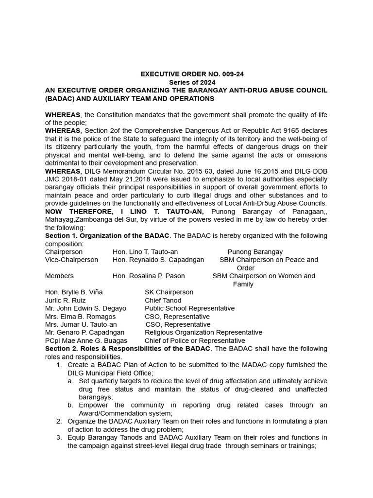 Executive Order Organizing The Barangay Anti | PDF