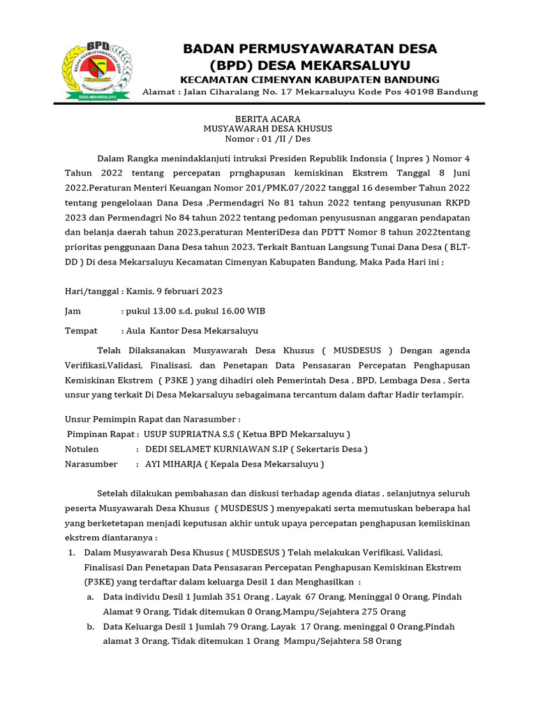 Berita Acara Musdes BLT | PDF