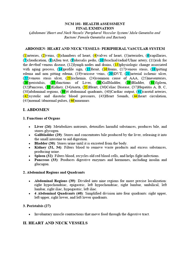 NCM 101 - Health Assessment (Finals - Reviewer) | PDF | Vagina | Heart