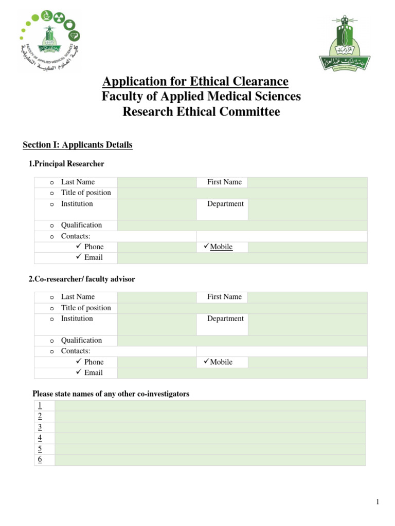 Ethical Approval Application Form - FAMS | PDF | Risk | Conflict Of Interest