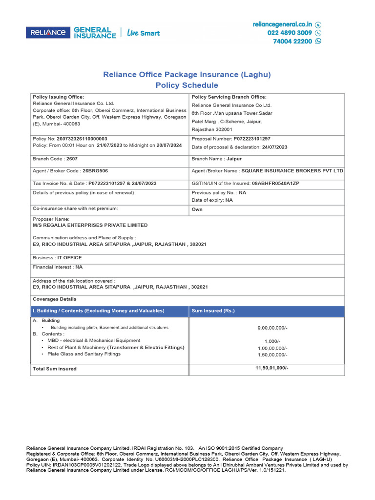 Package Policy Regalia Enterprises Private Limited | PDF | Insurance ...