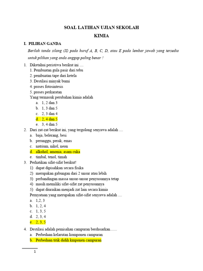 Soal Latihan Ujian Kimia Sekolah | PDF | Sains & Matematika