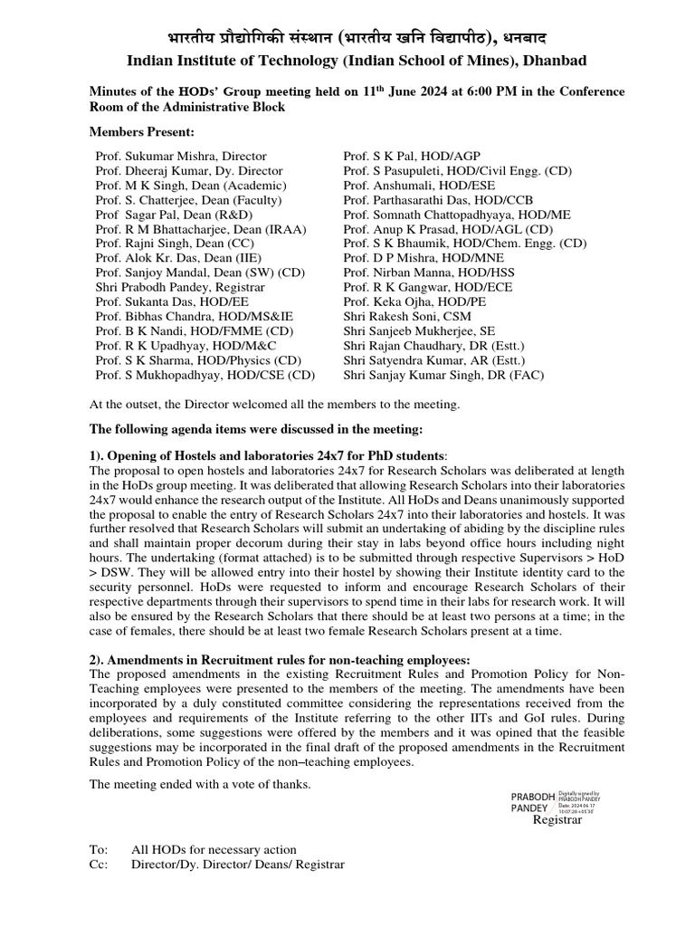 HOD' Meeting - Minutes - 11.06.2024 | PDF