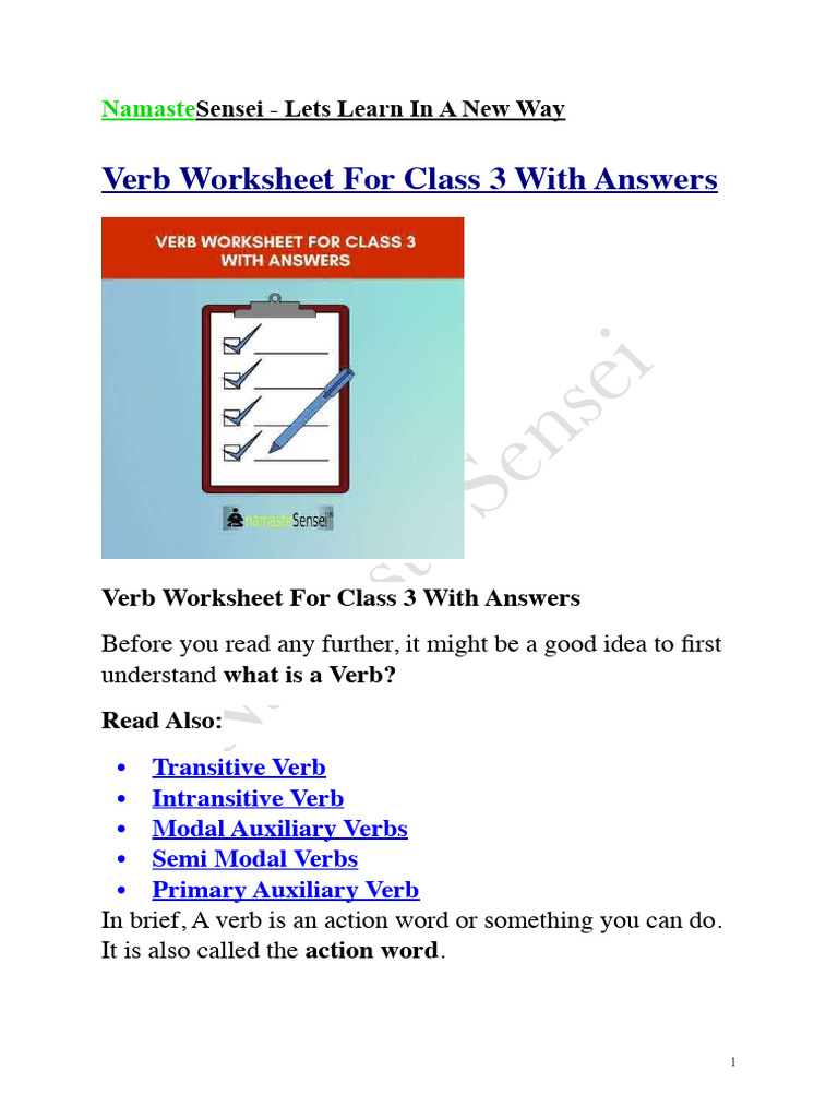 Grade 3 Verb Worksheet with Answers | PDF | Verb | Linguistic Typology
