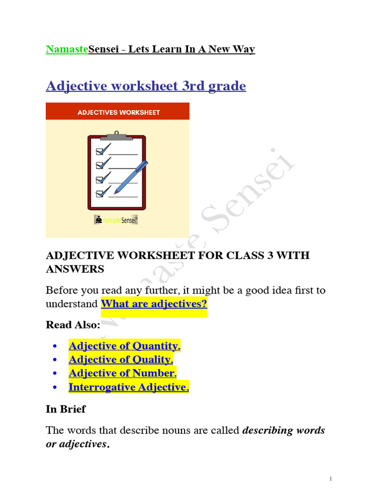 Adjective Worksheet For Class 3 | PDF | Adjective | Linguistic Morphology