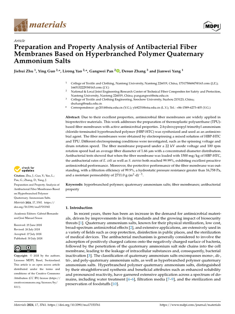 Preparation and Property Analysis of Antibacterial Fiber Membranes Based On Hyperbranched ...