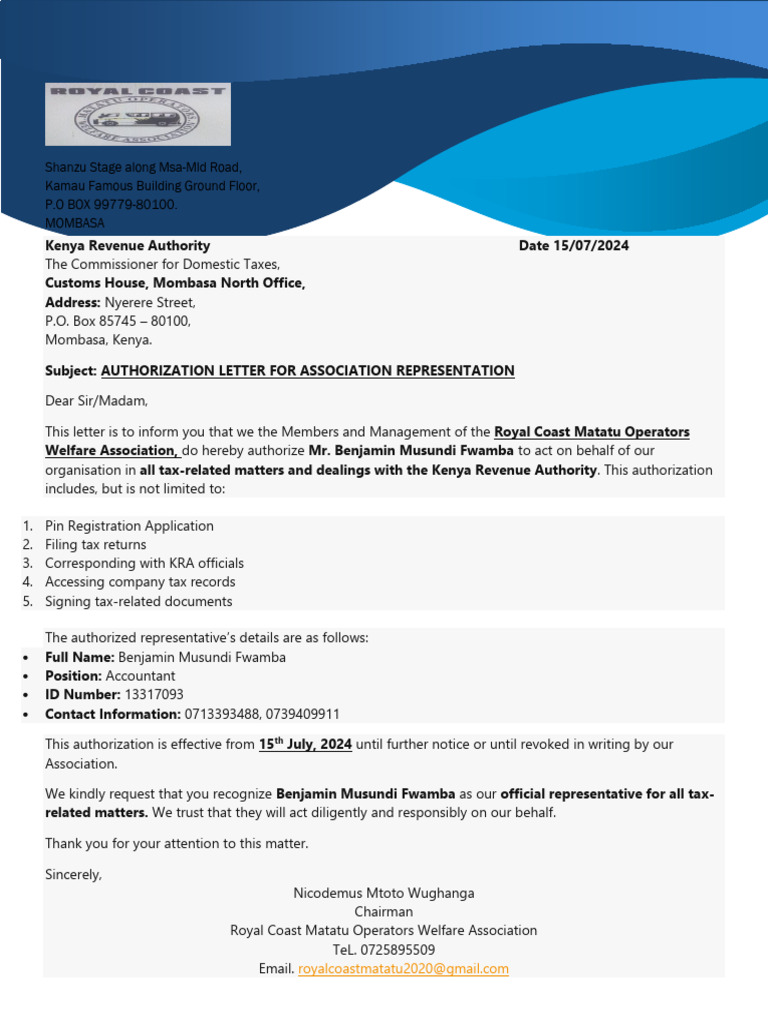 Tax Rep Letter To KRA | PDF