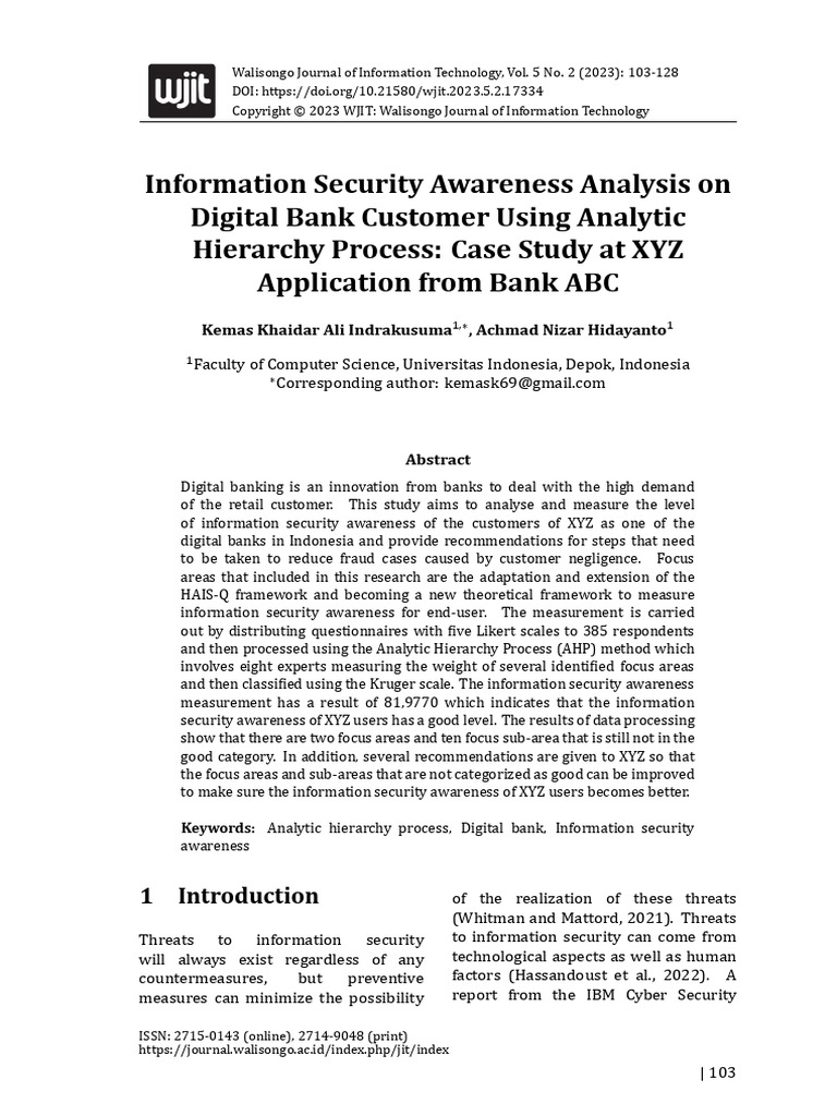 Information Security Awareness Analysis On Digital Bank Customer Using Analytic Hierarchy ...