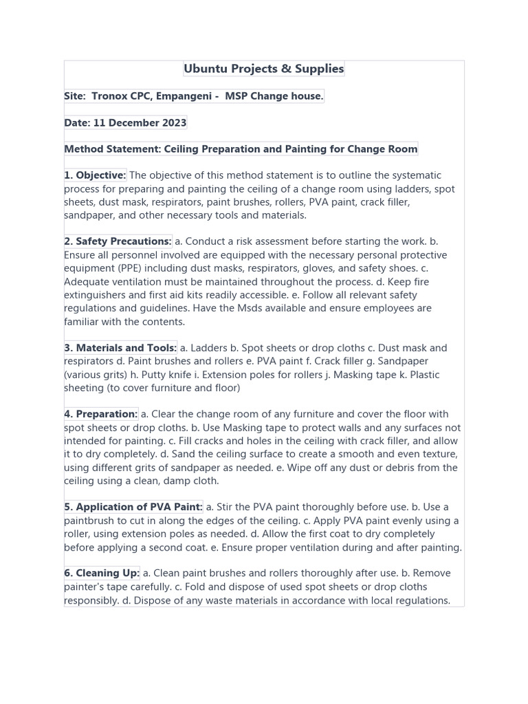 Ubuntu Projects Method Statement MSP Preparation & Painting of Ceiling ...