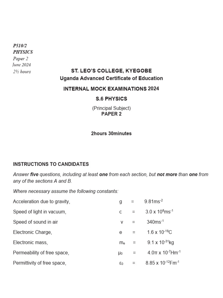 Physics Paper 2 June 2024 SLECK | PDF | Capacitor | Electrical ...