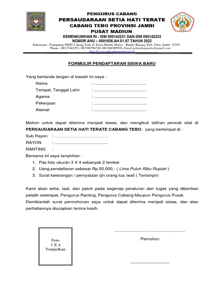 formulir siswa baru psht 2024 | PDF