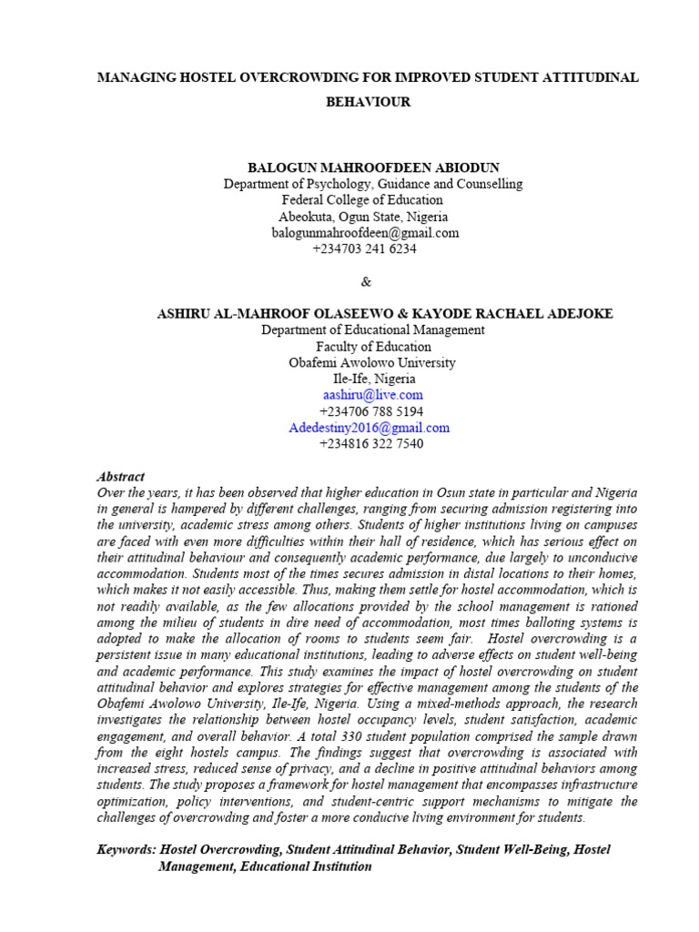 Managing Hostel Overcrowding Effects | PDF | Cost Of Living | Stress ...