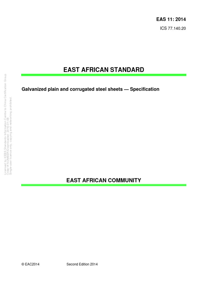 EAS 11 2014 Galvanized Plain and Corrugated Steel Sheets镀锌钢板和瓦楞钢板 | PDF | Sheet Metal | Metals