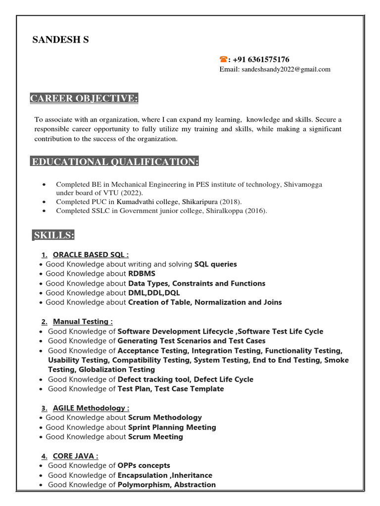 Sandesh S Resume | PDF | Software Testing | Software Development Process