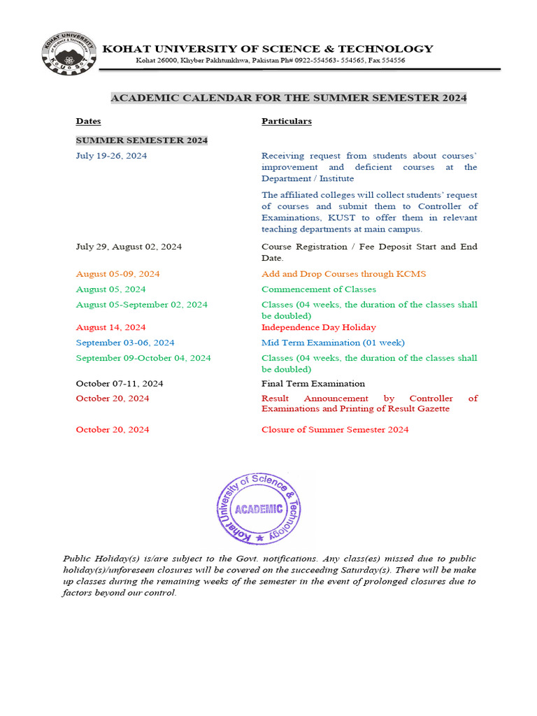 KUST Summer Semester Calendar 2024 | PDF
