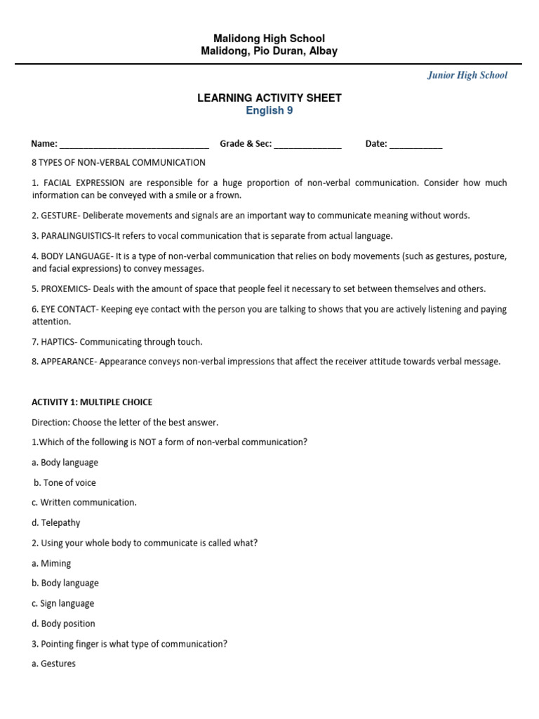 Non Verbal Students Activity | PDF | Nonverbal Communication ...