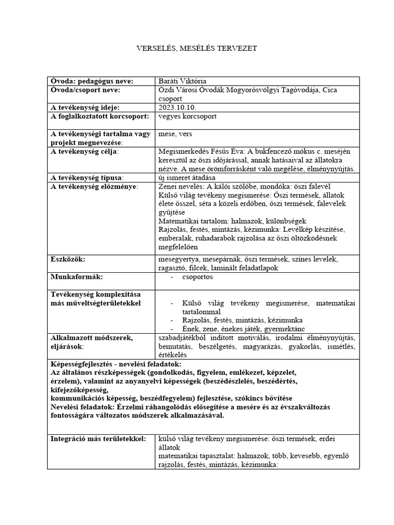 Verselés-Mesélés Tervezet | PDF