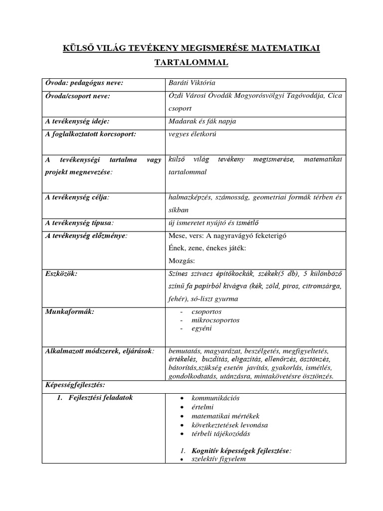 Külső Világ Megismerése Tervezet | PDF