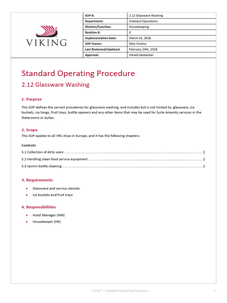 VRC SOP 2.12 - Housekeeping - Glassware Washing | PDF | Dishwasher ...