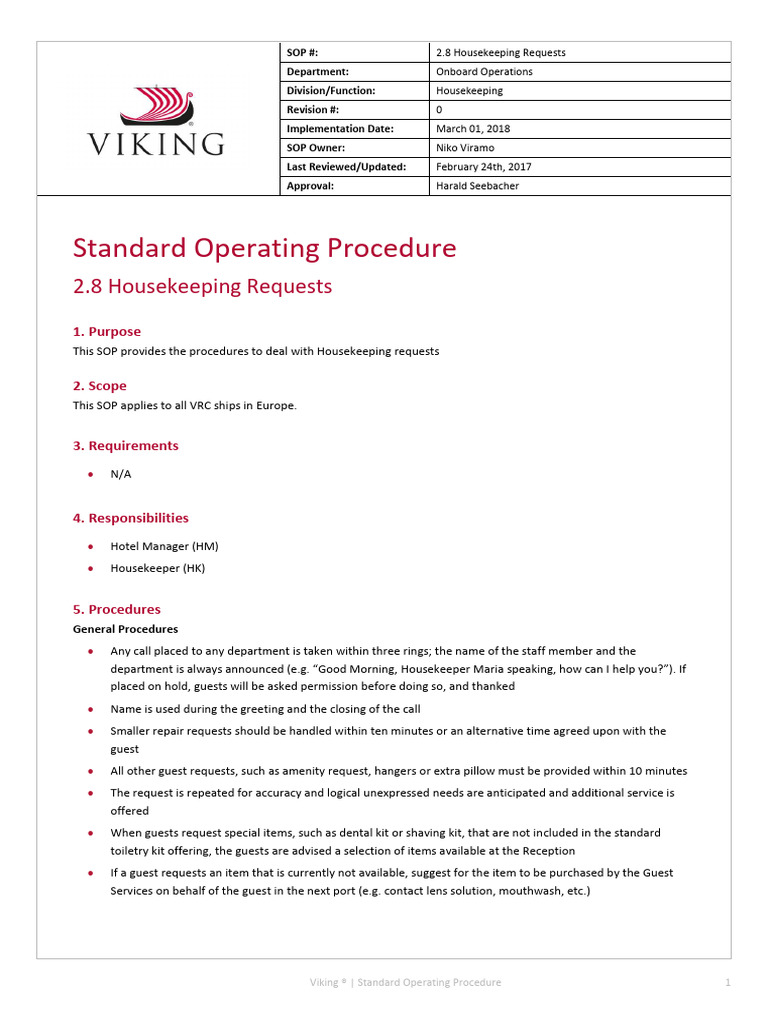 VRC SOP 2.8 - Housekeeping - Housekeeping Requests | PDF