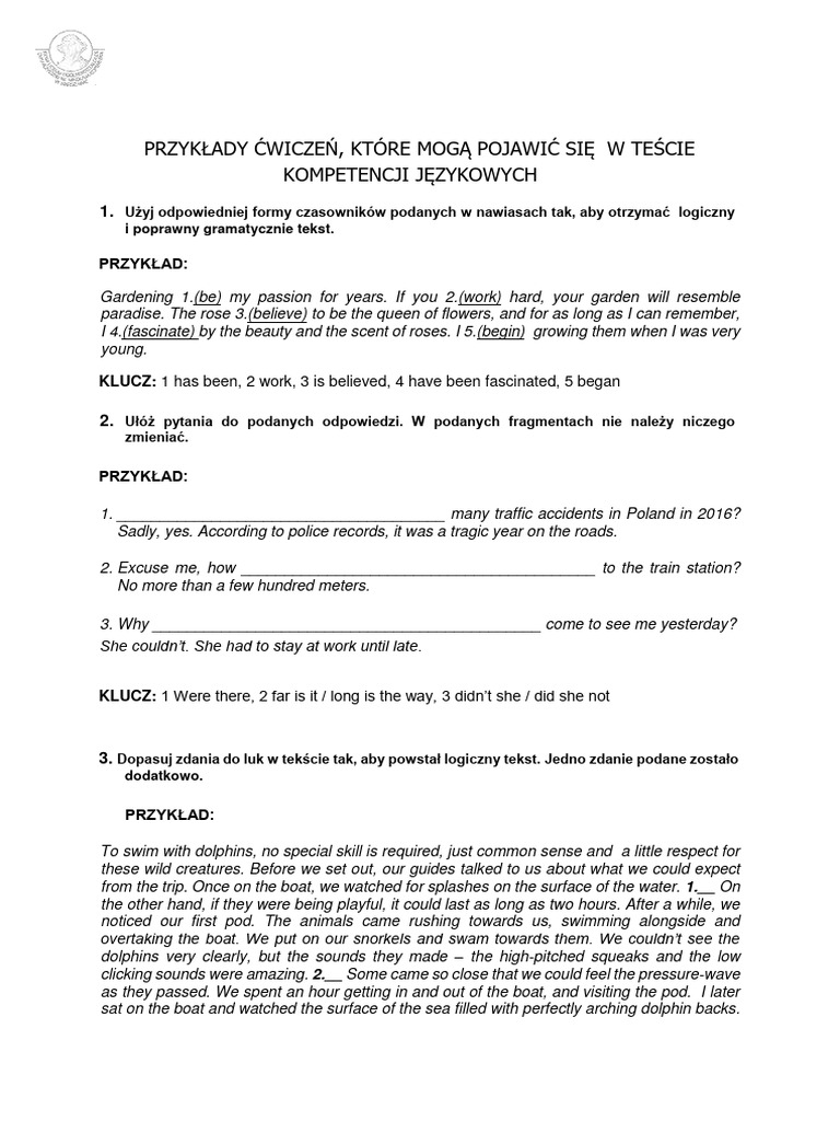 Przyklady Cwiczen Egzaminu Wstepnego | PDF | Dolphin