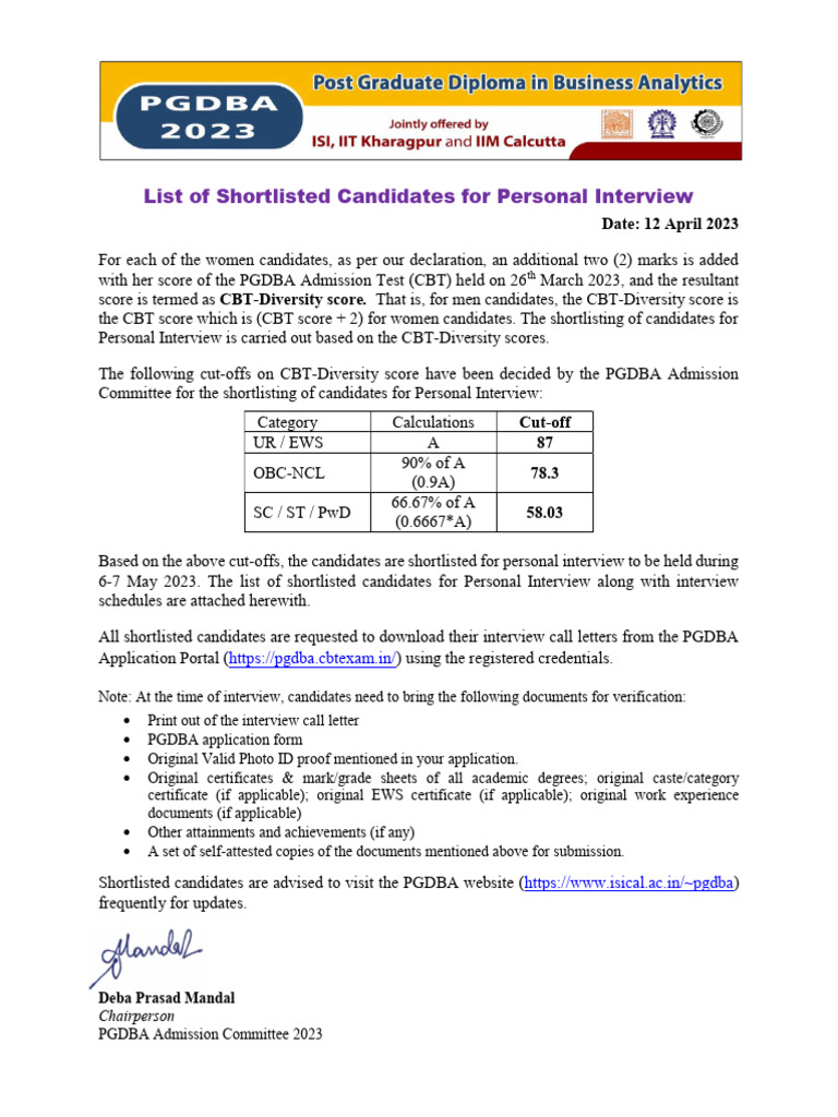 IIM Calcutta PGDBA Interview Call Cutoff 2023 | PDF