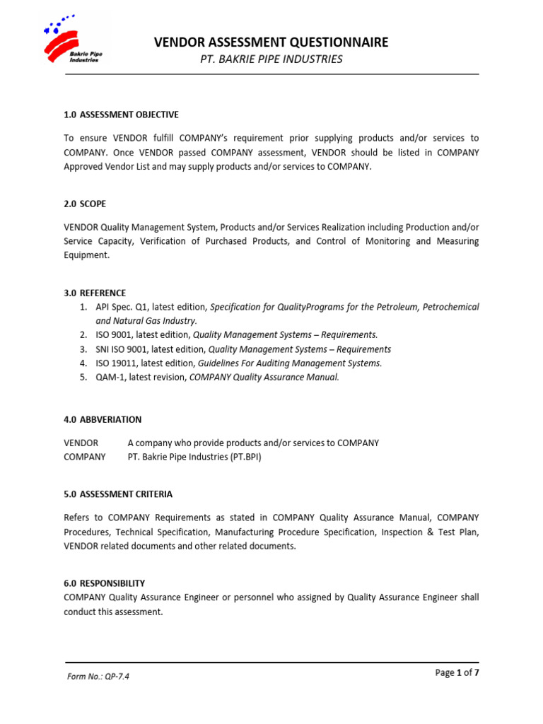 Vendor Assessment Questionnaire (QP-7.4) | PDF | Verification And ...