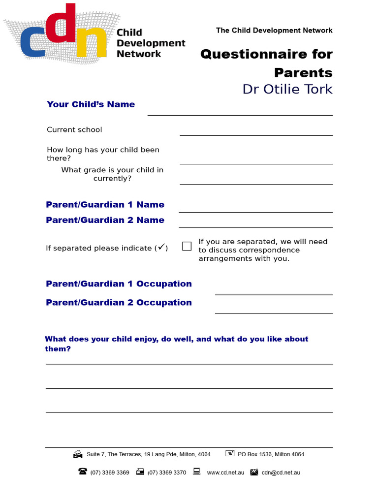 Parent Questionnaire School OT | PDF | Family | Behavioural Sciences