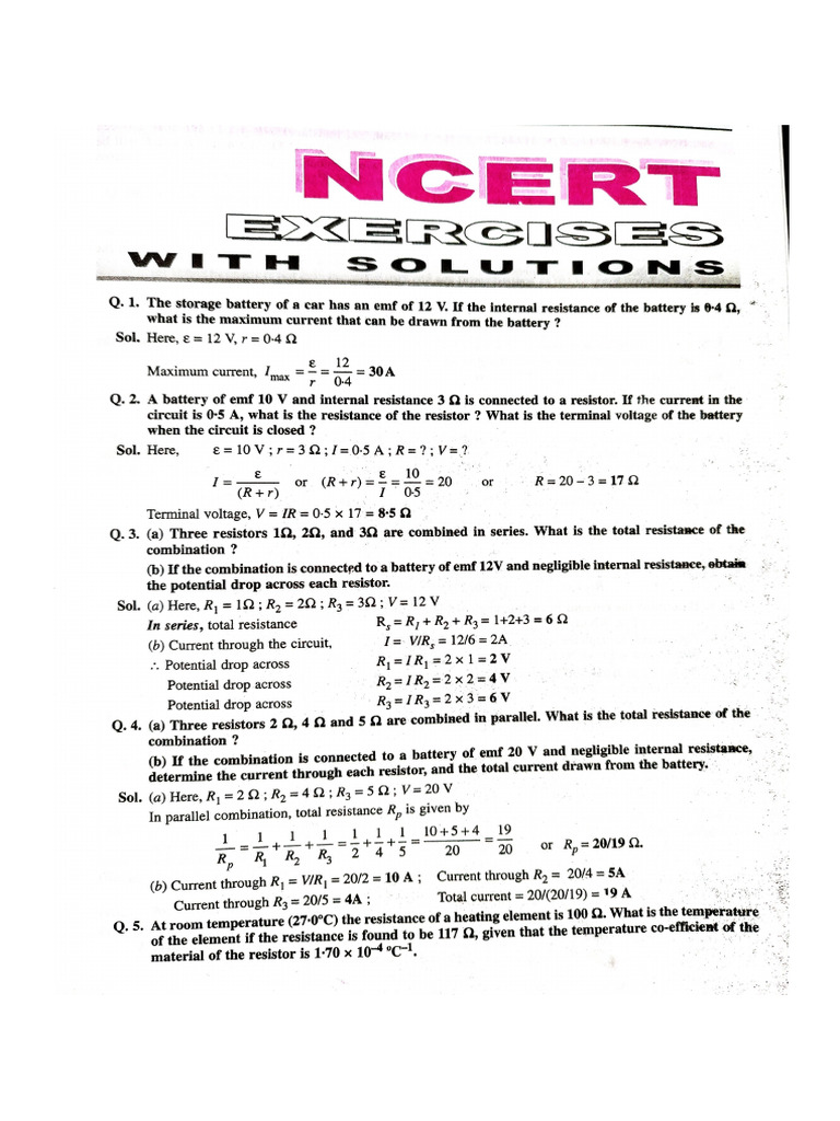 Chapter 3 Ncert Exercise Solved Topic Current Electricity With Additional Exercise | PDF