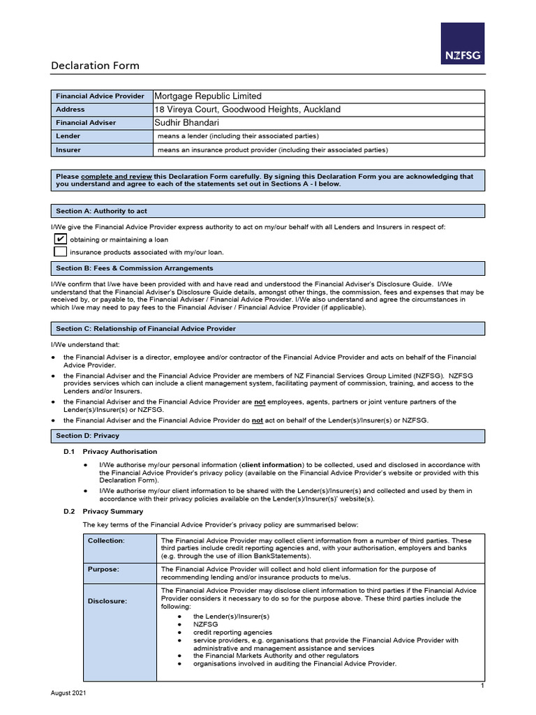 Financial Advice Declaration Form | PDF | Financial Adviser | Insurance