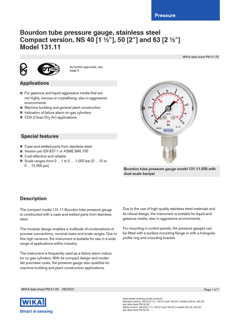 Wika Bourdon Tube Pressure Gauge Stainless Steel Datasheet | PDF | Pressure Measurement | Metrology