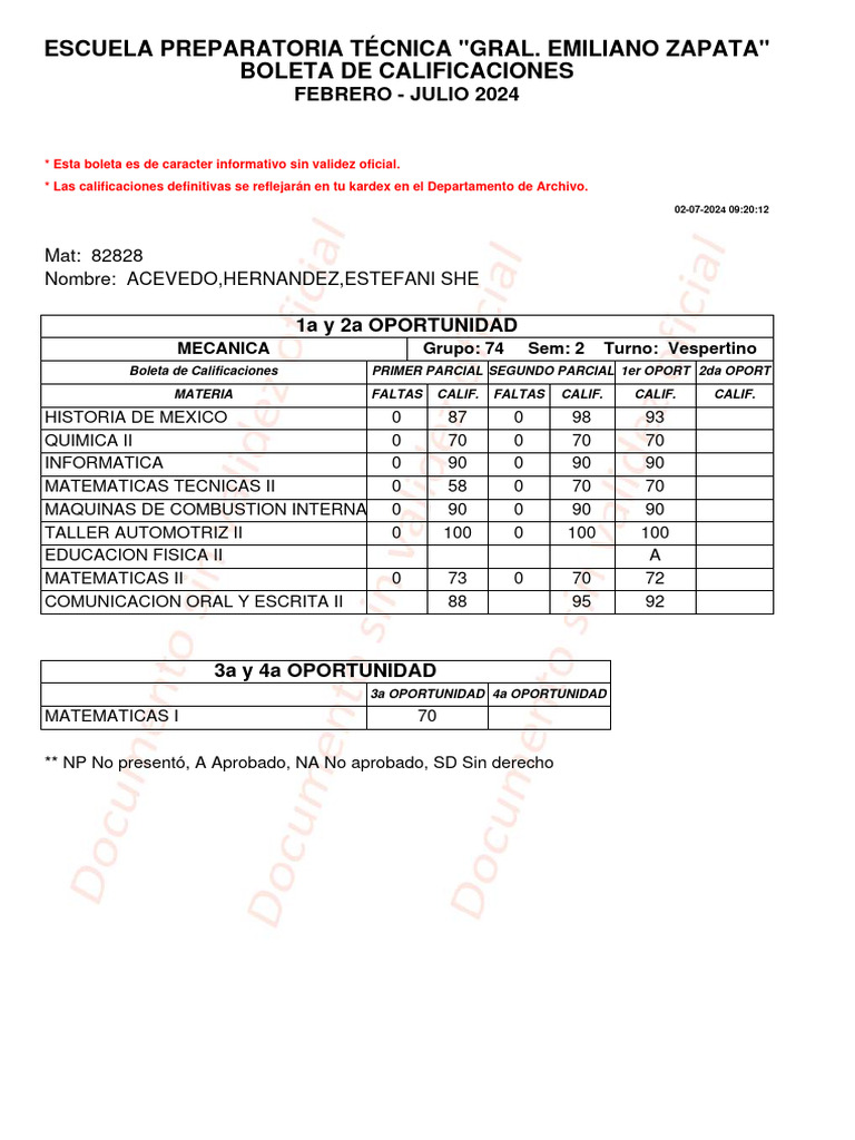 Escuela Preparatoria Técnica "Gral. Emiliano Zapata" Boleta de ...