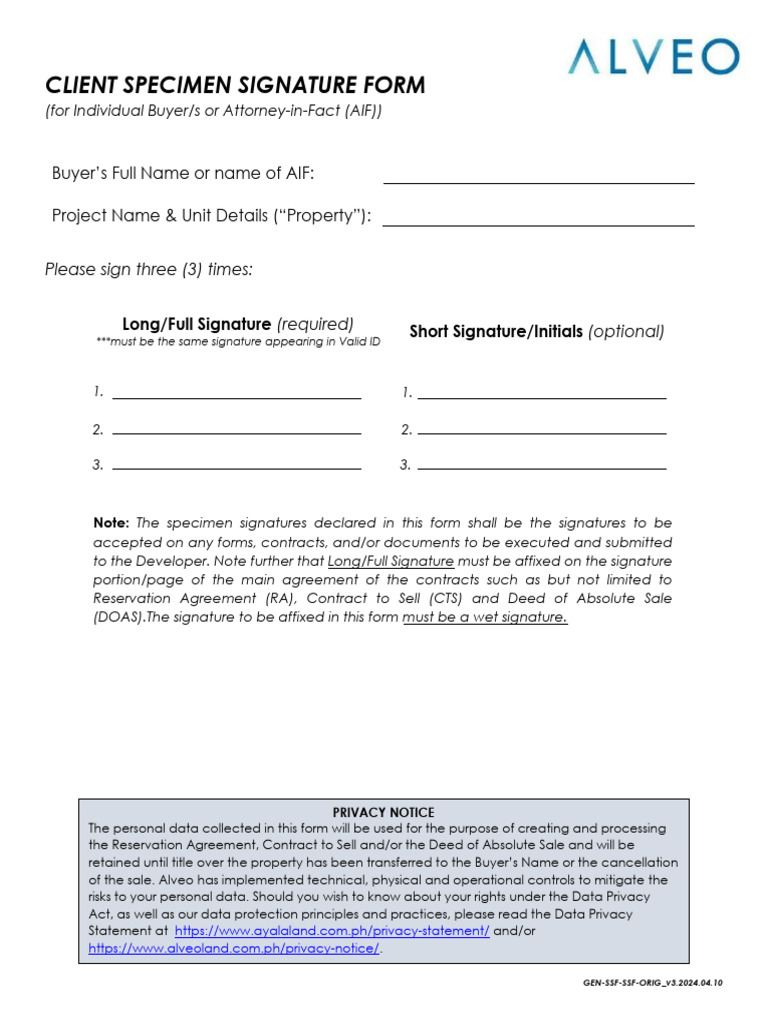 Client Specimen Signature Form ALVEO v1 | PDF | Signature | Deed