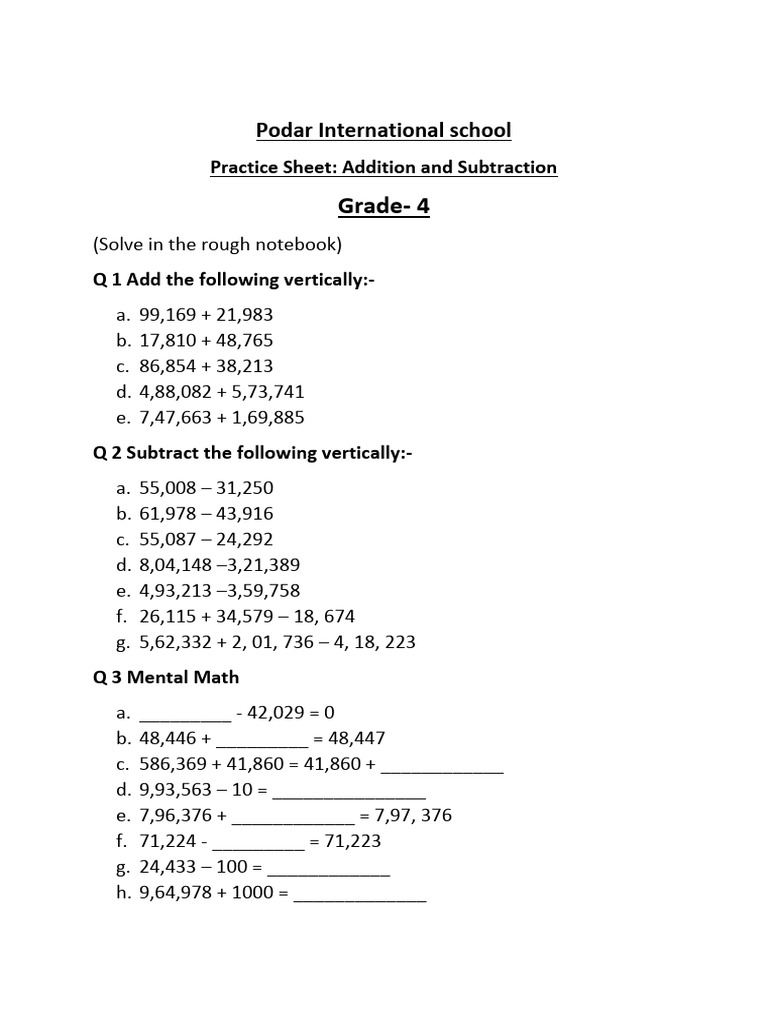 Practice Sheet - Addition and Subtraction | PDF | Teaching Methods & Materials | Technology ...