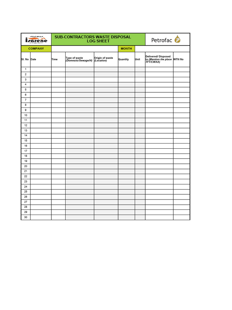 Sub-Contractors Waste Disposal Log Sheet | PDF