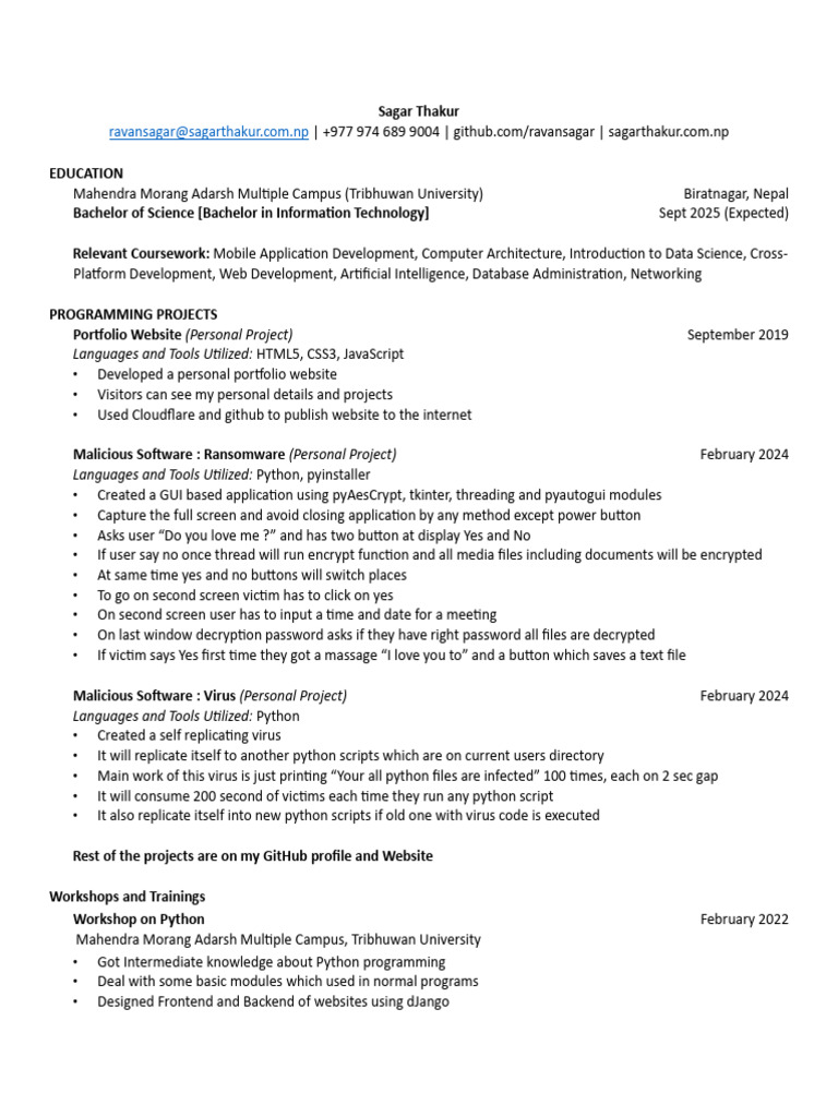 Sagar Resume | PDF | Computer Virus | Python (Programming Language)