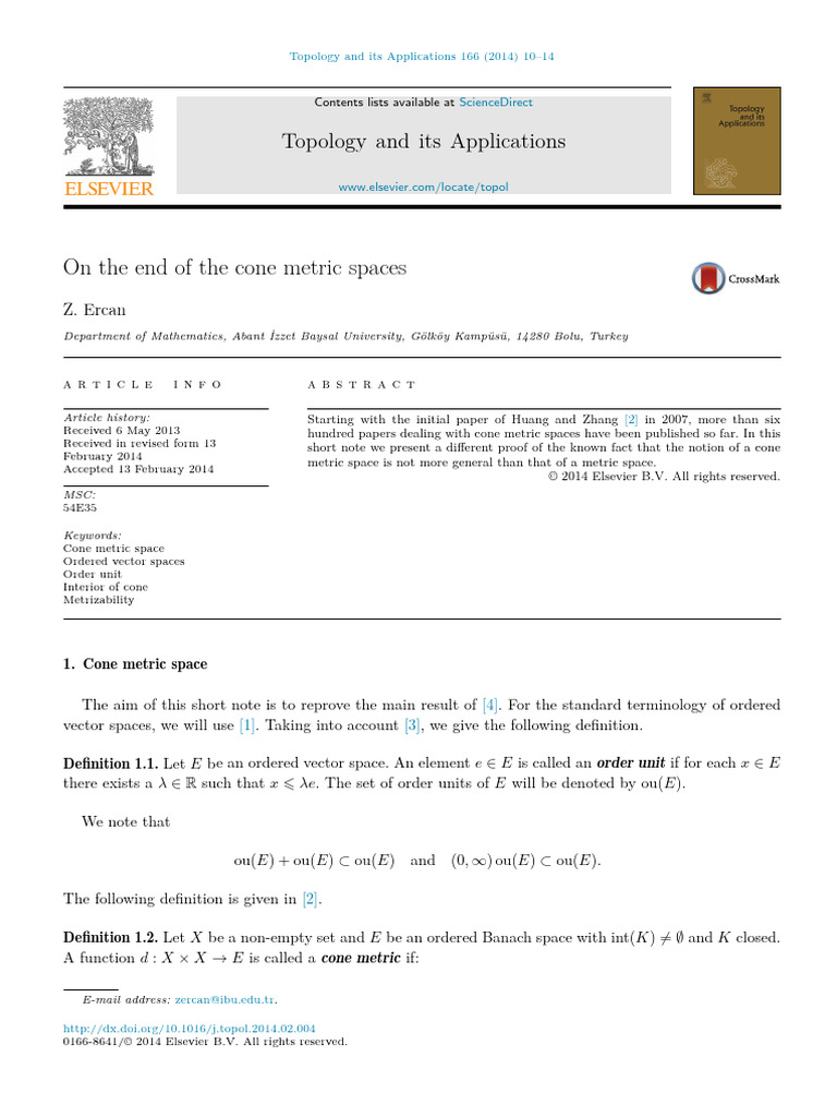 On the End of the Cone Metric Spaces | PDF | Space (Mathematics) | Mathematical Concepts