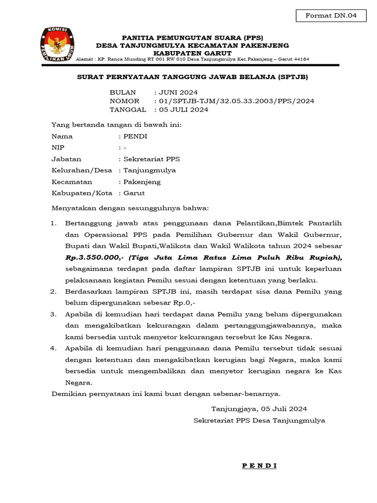 Format DN.04 Surat Pernyataan April Mei | PDF