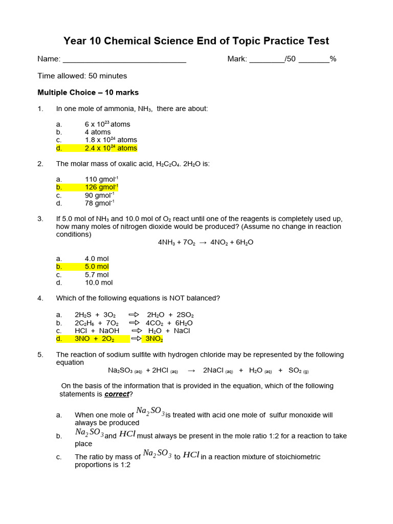 Year 10 Chemical Science End of Topic Practice Test Marking Guide | PDF ...