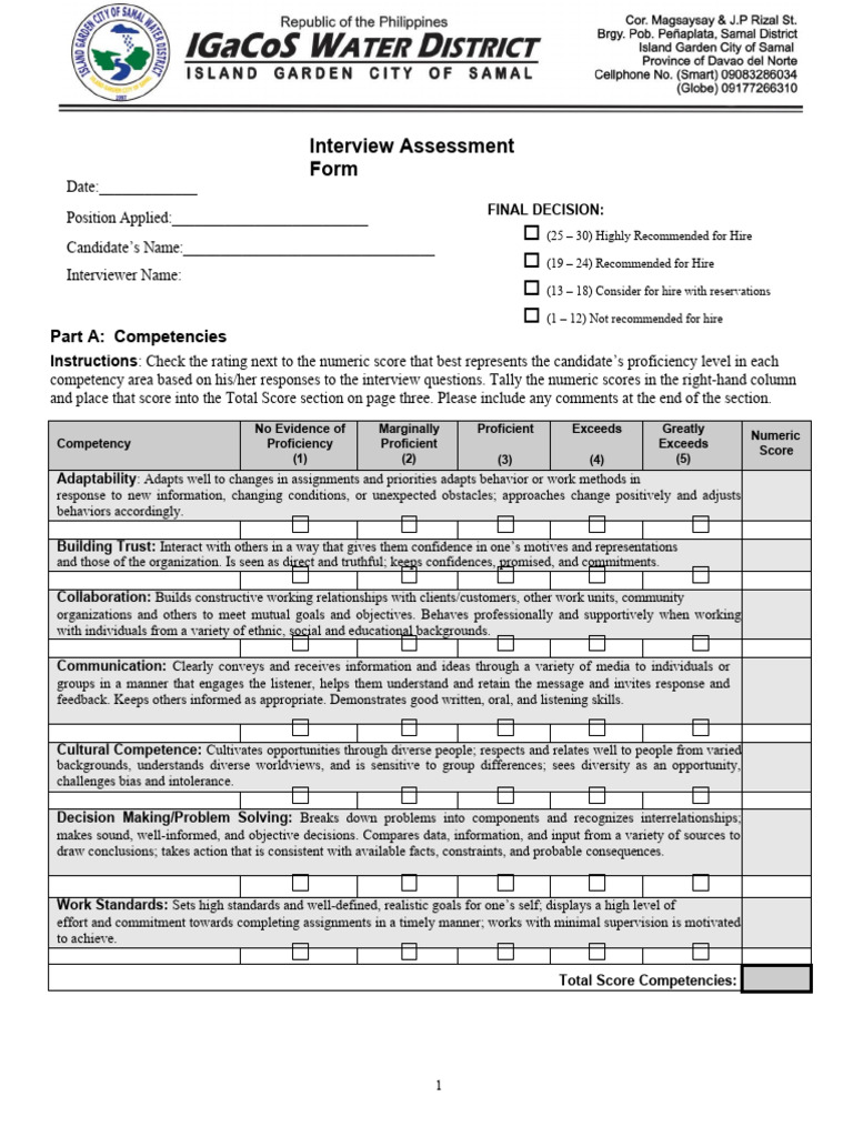 Sample Candidate Interview Assessment Form | PDF | Experience | Information