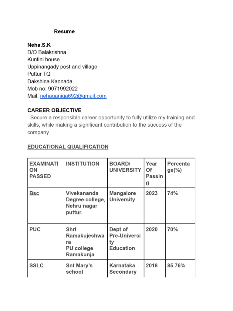 Neha S K Resume | PDF