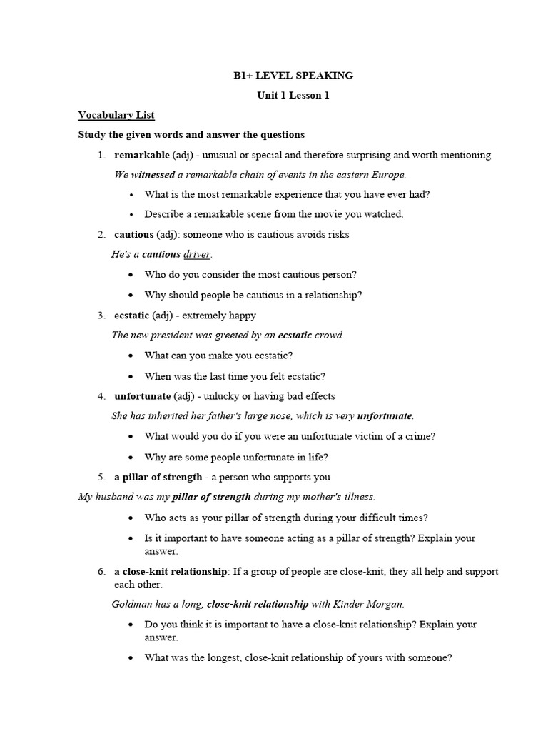 B1+ Level Speaking Unit 1 Lesson 1 Vocabulary List Study The Given ...
