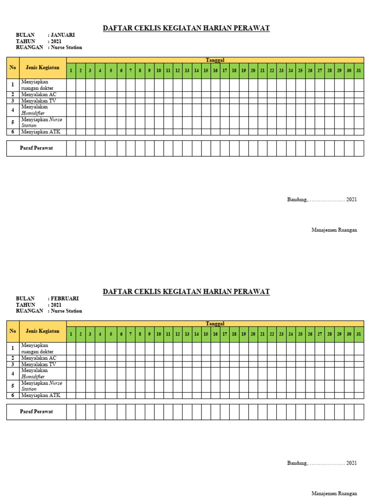 Form Ceklis Harian Perawat | PDF